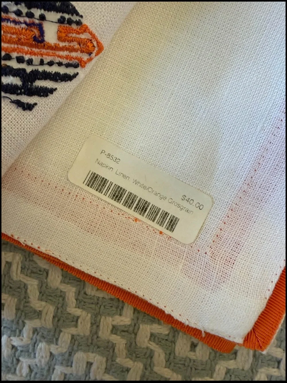 Dining | Set Of White Linen Napkins With Orange Border And Kgb Monogram ...